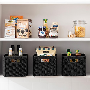 UBBCARE 2 Pack Wicker Basket, 13.4L×8.3H×7.1W inch Woven Paper Rope Storage Baskets for shelves, Foldable Rectangular Storage Baskets with Handle, Storage Basket for Organizing, Black