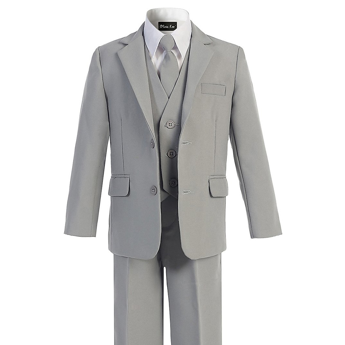 OLIVIA KOO Boys Solid 5-Piece Formal Suit Set With Matching Neck Tie Silver 5