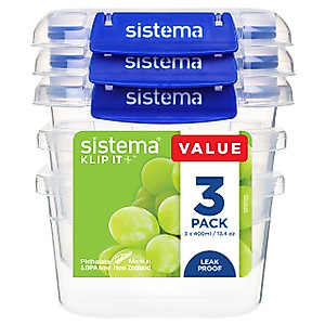 Sistema KLIP IT PLUS Food Storage Containers, 400 ml, 3 Piece Airtight Containers Set, Leak-Proof Seal, Easy Locking Clips, Recyclable with TerraCycle, BPA-Free