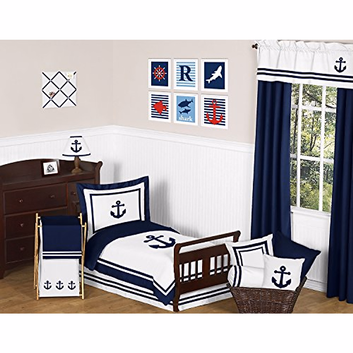 Sweet Jojo Designs Navy Blue Nautical Anchor Foldable Fabric Storage Cube Bins Boxes Organizer Toys Kids Baby Childrens for Anchors Away Collection Set of 2