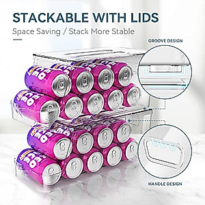 Soda Can Dispenser for Refrigerator with Lids, Stackable Drink Organizer for Fridge, Clear Plastic Refrigerator Organizer Bins, Beverage Can Holders for Pantry, Freezer, Kitchen, Cabinets Set of 2