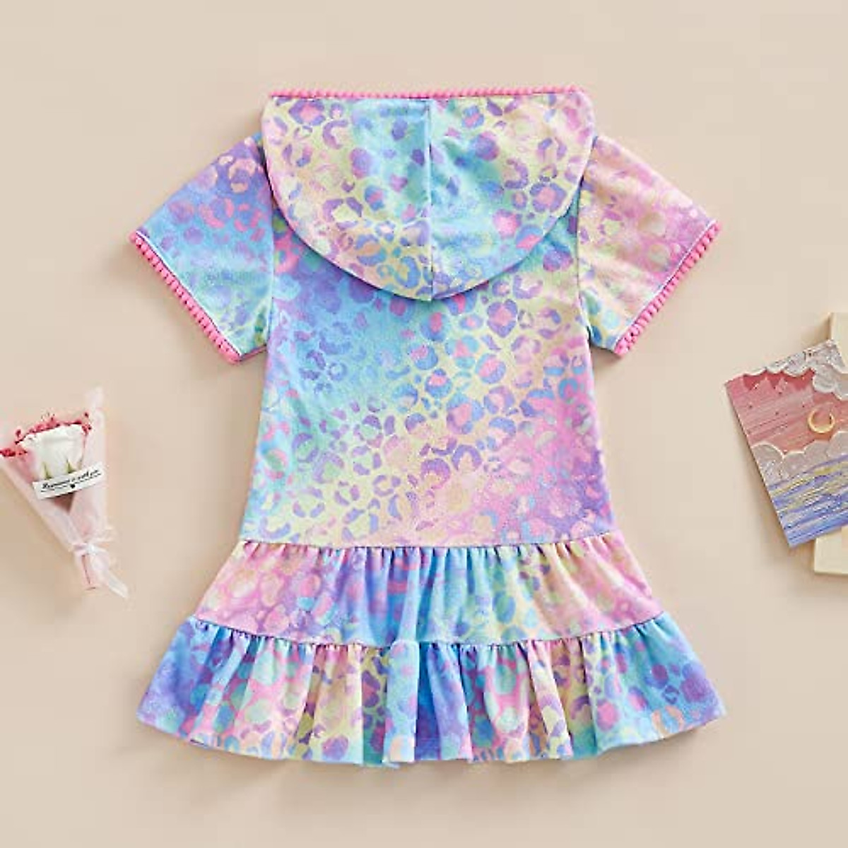 Girls Swim Cover Up Kid Hooded Zip-Up Terry Swimsuit Coverup Towel Bathing Suit Bathrobe Pool Swim Beach Robe Dress (Colorful, 7-8 Years)