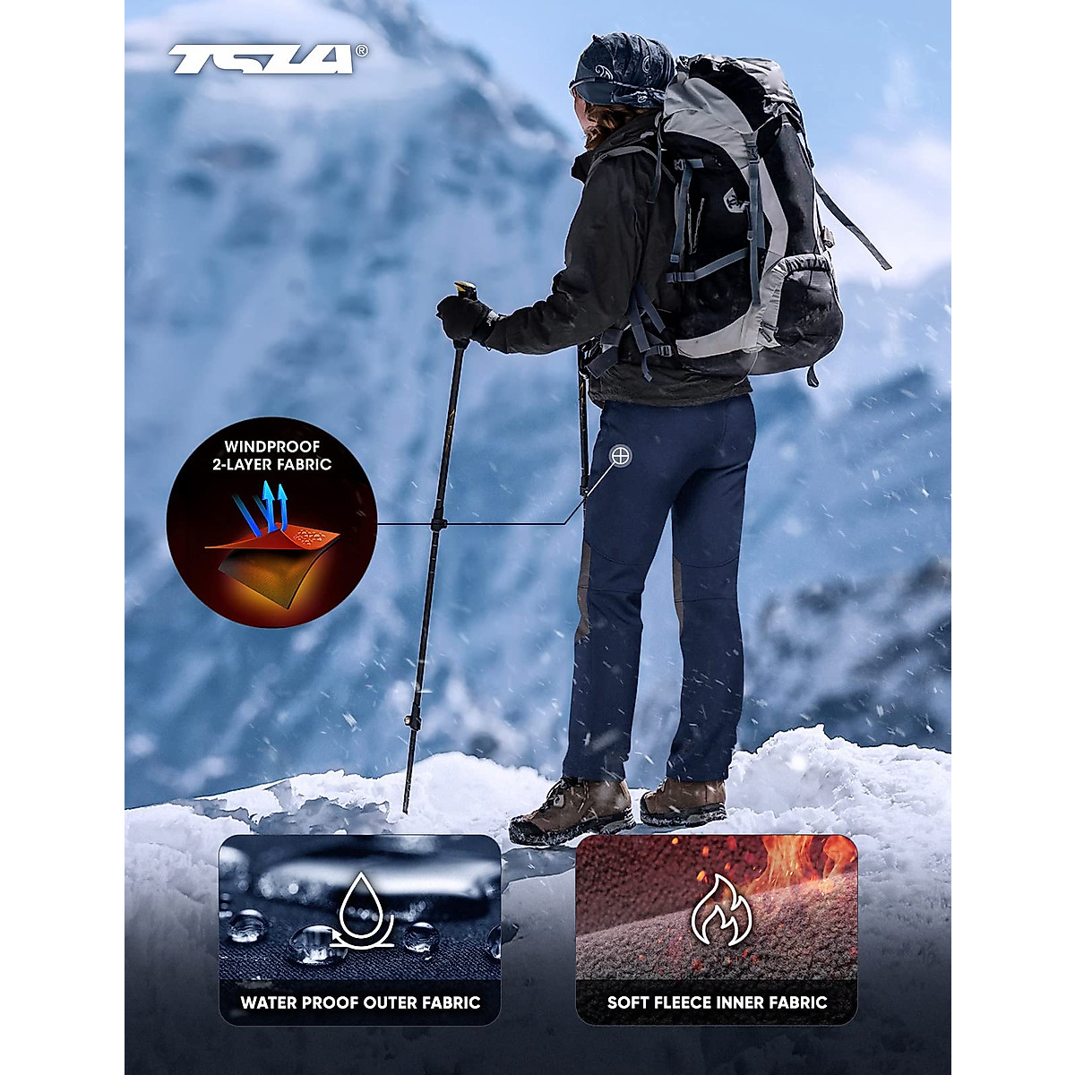 TSLA Women's Softshell Winter Snow Ski Pants, Fleece Lined Waterproof Hiking Pants, Insulated Work Outdoor Pants, 2-layer Reinforced Knee Navy, Large