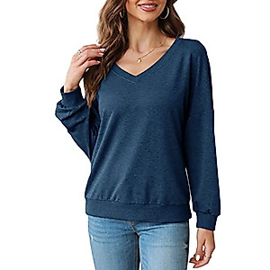 FMEYOA Womens V Neck Sweatshirts Long Sleeve Lightweight Loose Fall Basic Sweater Pullover Tops(Navy,Medium)