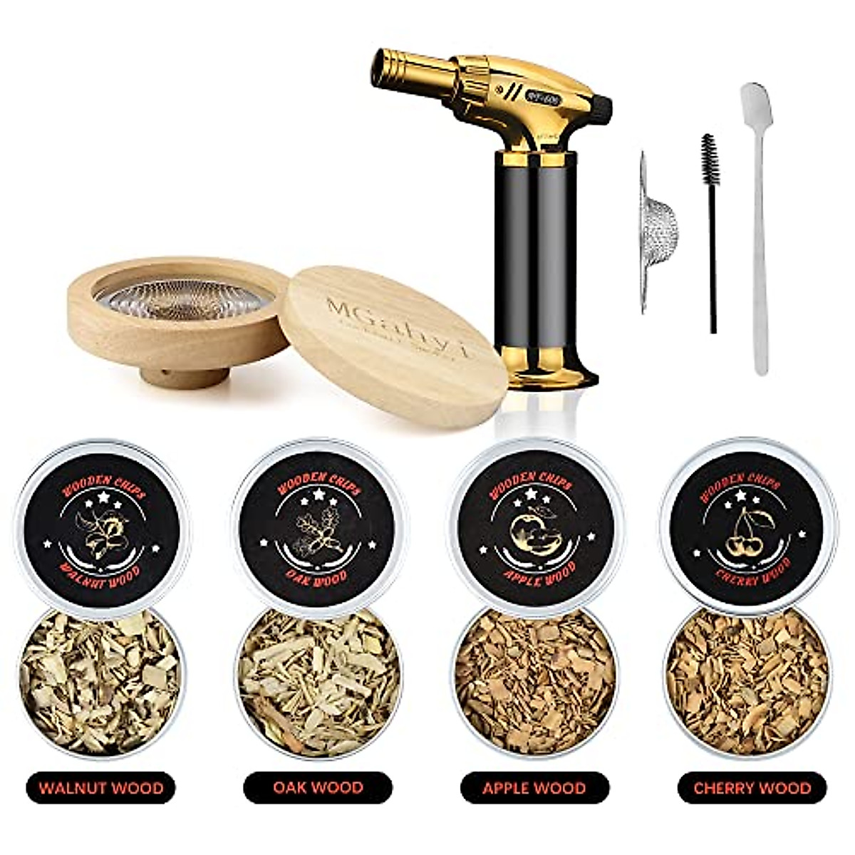 MGahyi Cocktail Smoker Kit with Torch(Without Butane) 4 Flavors Wood Chips for Drink Smoker,Old Fashioned Smoker Kit for Bourbon/Whiskey,Ideal Gifts for Men,Dad,Husband，Valentine's Day Gift (B)