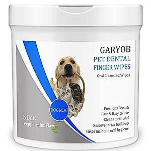 GARYOB Pet Dental Fingers Wipes, Oral Cleansing Teeth Wipes Pads for Dogs and Cats - Optimize Oral Health, Freshen Breath- 50 Wipes
