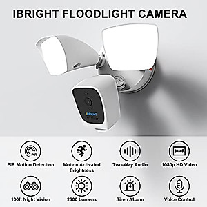 IBRIGHT Smart Floodlight Camera, 2.4Ghz 1080P Security Camera Outdoor, 2600LM, Motion Detection, 2-Way Audio, Siren System, Night Vision, IP65, Works with Alexa & Google Assistant, No Monthly Fees