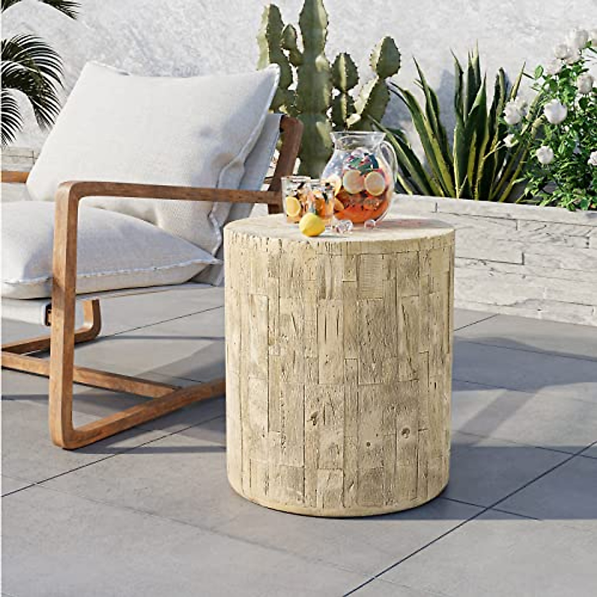 COSIEST 2 Pieces Outdoor Side Table, Mosaic MgO Patio End Table, Lightweight Cylinder Accent Table, Round Stump Table Plant Stand for Garden and Deck, Cream