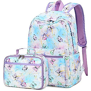 Kids Backpack for Girls Butterfly Preschool Bookbag with Lunch Box Kindergarten School Bag Set for Young Elementary Students (purple)