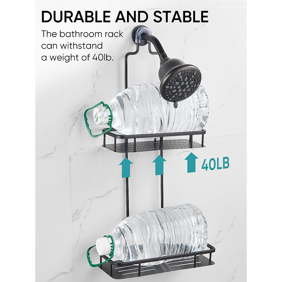 Cobbe Anti-Swing Shower Caddy Hanging with 4 Hooks for Towels/Sponge, No Drilling Bathroom Organizers and Storage Racks for Bathroom, Dorm and RV, Never Rust Aluminum, Large - Black