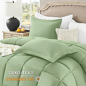 Wellsin Sage Green Comforter Set - Twin/Twin XL (66"x92") - 2 PCS All Season Soft Down Alternative Comforter & Pillow Sham for Girls/Boys/Adults