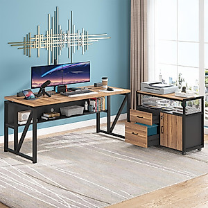 Tribesigns 63" L Shaped Desk with Drawer Cabinet, Executive Computer Desk and lateral File Cabinet, 2 Piece Home Office Furniture with Drawers for Hanging File, Doors with Locks (Brown, 63 inches)