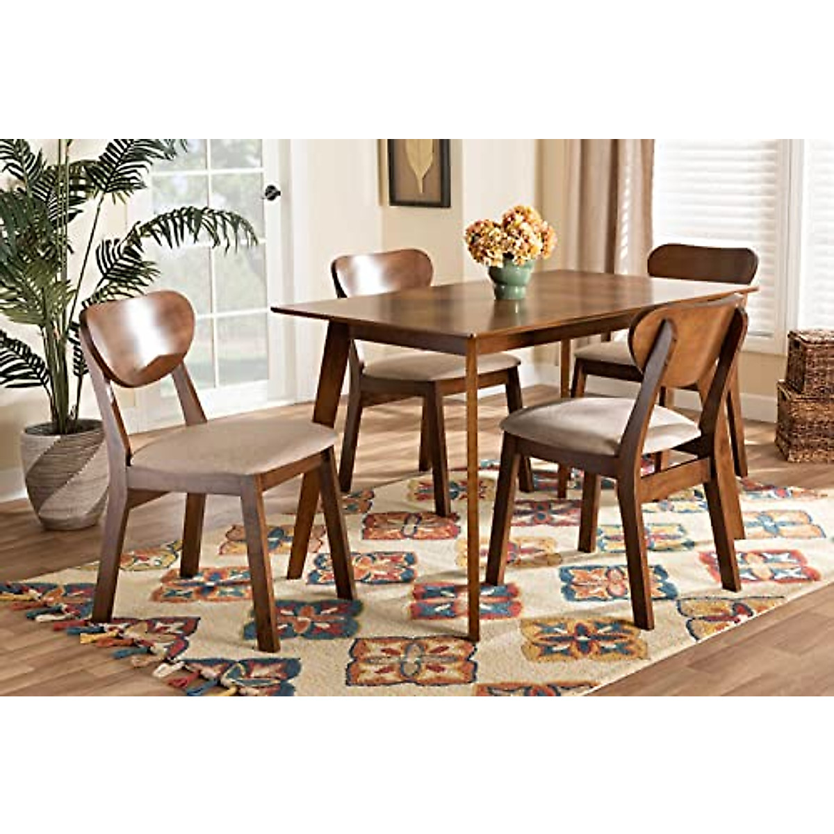 Baxton Studio Damara Mid-Century Modern Sand Fabric Upholstered and Walnut Brown Finished Wood 5-Piece Dining Set