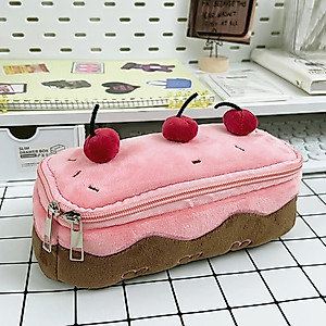 Pink Plush Cherry Cake Pen Bag, Cute Pencil Pouch Stationery Storage Box Kawaii Big Capacity Case Box Pen Holder Lead Pencil Organizer Supplies Pencil Case, Cosmetic Bag (Cherry pencil case)