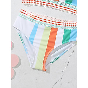 Milumia Girl 2 Piece Striped Bikini Swimsuit Contrast Mesh Scoop Neck Bathing Suit Green and White 11-12 Years