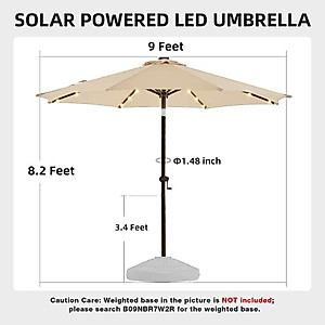 wikiwiki 9ft Outdoor Patio Table Umbrella, Sturdy Solar Led Market Umbrella for Deck, Pool, Garden w/Tilt, Crank, 32 LED Lights - Beige