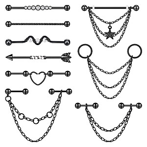 Longbeauty 14G Industrial Barbell Earrings with Chain Surgical Steel Dangle Industrial Bar Piercing Jewelry Cartilage Helix Industrial Earrings for Women Men