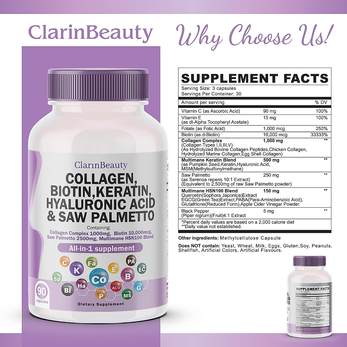 ClarinBeauty 100% Natural Collagen Pills 1000mg Biotin 10000mcg Keratin Saw Palmetto 2500mg Hyaluronic Acid & Pumpkin Seed with Vitamin C and Vitamin E