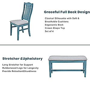 SIYSNKSI Mid-Century 6-Piece Dining Table Set with 4 Upholstered Dining Chairs and Bench, Wood Rectangular Dining Table with Drawer for Kitchen Living Room, Dining Table Set for 6 (Antique Blue)