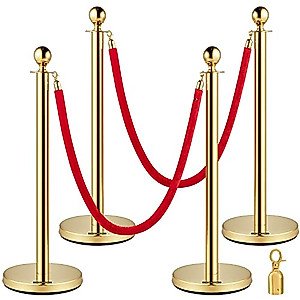 VEVOR Velvet Ropes and Posts, 5 ft Red Velvet Rope, Stanchion Post, Crowd Control Barriers Gold Stanchions, Red Carpet Poles Rubber Base, Crowd Control Ropes and Poles for Party (38, Gold, 4)