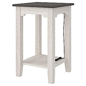 Signature Design by Ashley Dorrinson Farmhouse Coffee Table, Antique White & Brown & Dorrinson Square Chair Side End Table with Lower Fixed Shelf and USB Charging Port, Antique White & Brown