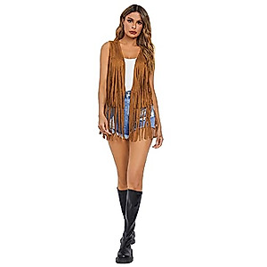 Verdusa Women's Tassel Sleeveless Vest 70s Hippie Faux Suede Fringe Jacket Cardigan Brown L