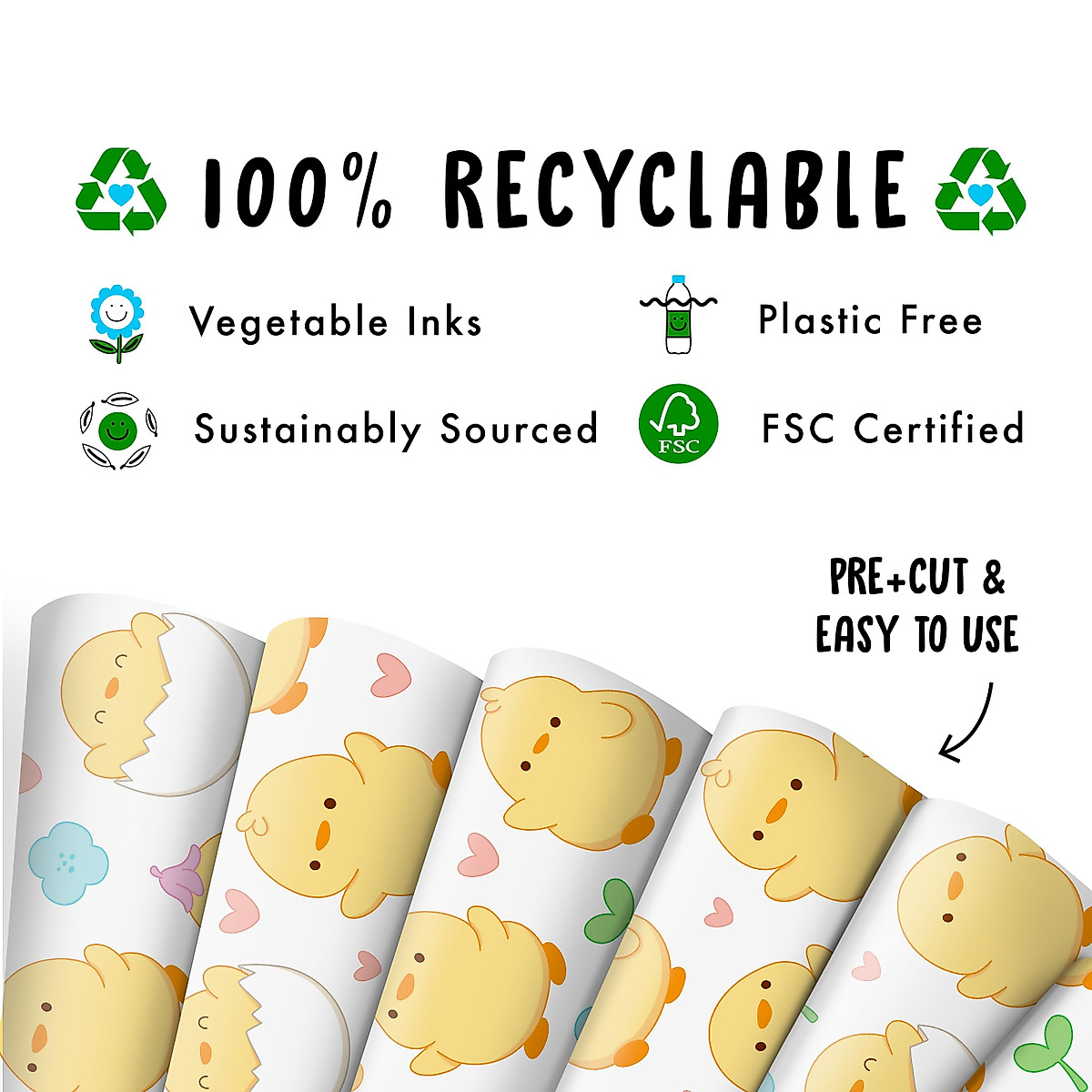 CENTRAL 23 Farm Animal Wrapping Paper - Cute Chicks - 6 Sheets of White Gift Wrap - Floral - For Birthday Baby Shower Baptism - Recyclable