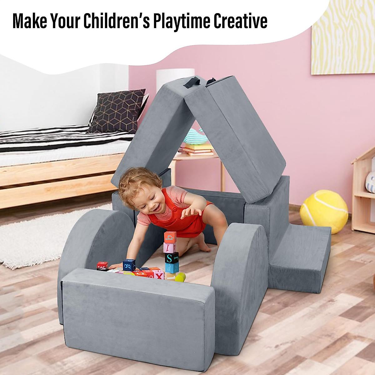 LEBENGURU Modular Toddler Foam Sofa, 7PCS Kids Play Couch for Playroom Bedroom, Child Nugget Couch Furniture for Teens, Sectional Sofa Gift for Imaginative Boys and Girls