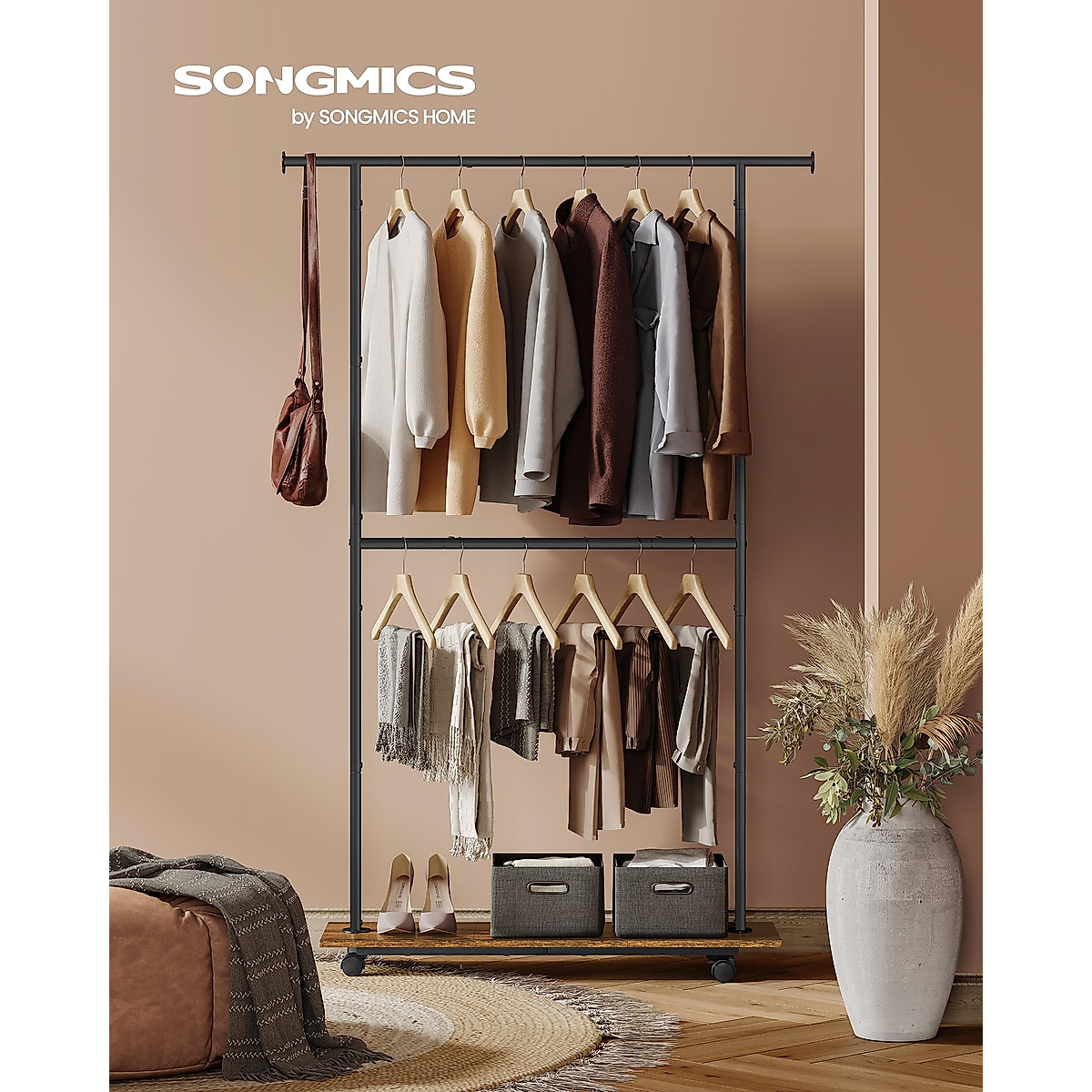 SONGMICS Clothes Rack with Wheels, Middle Rod Clothing Rack for Hanging Clothes, 38.8 Inches Garment Rack with Shelf, Height Adjustable, Loads up to 121 lb, Rustic Brown and Ink Black UHSR153B01