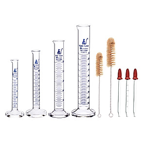 EISCO Graduated Cylinder Set, 9 Pieces - Class B - 5ml, 10ml, 50ml, 100ml Thick Borosilicate 3.3 Glass Cylinders, 3 Glass Droppers, 2 Cleaning Brushes