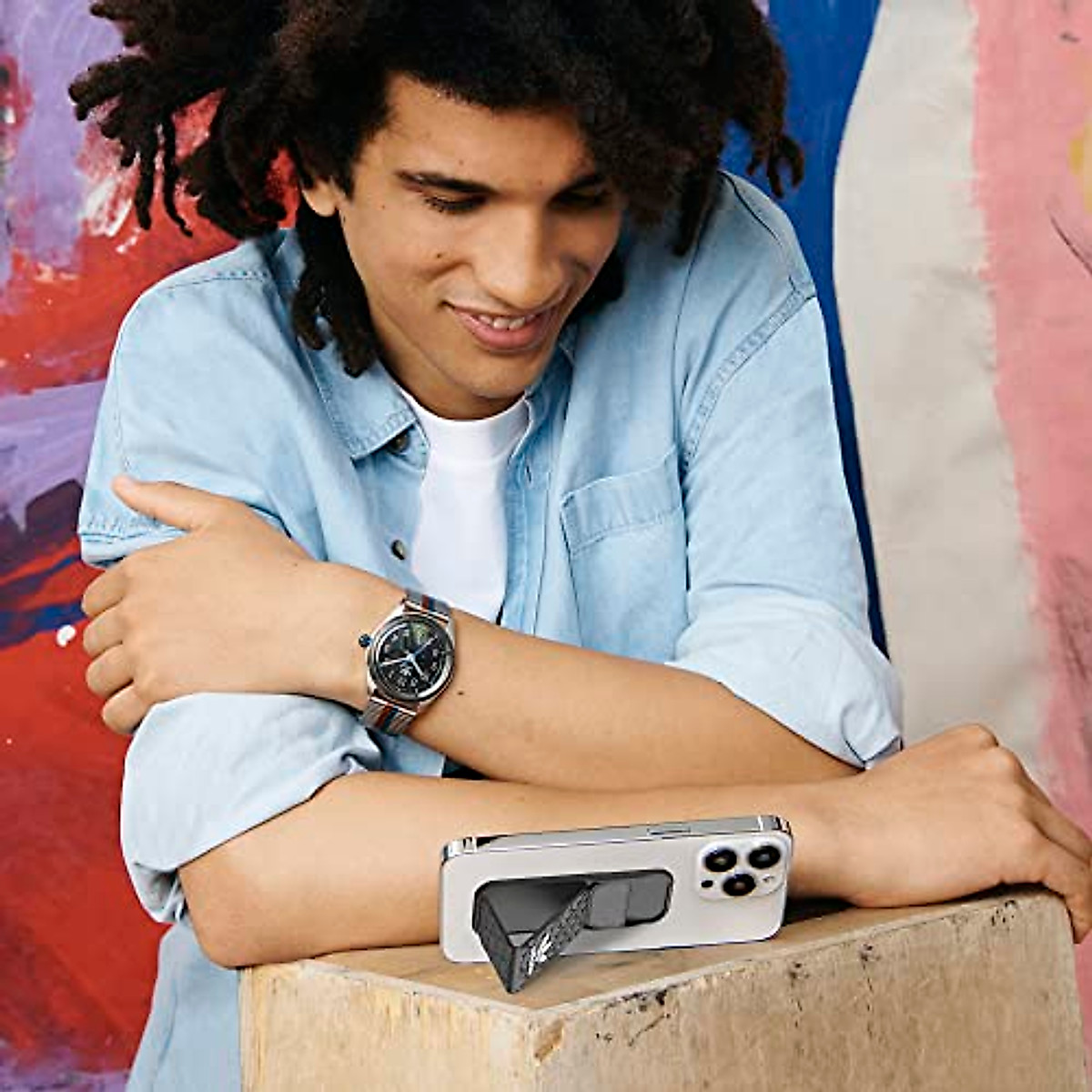 adidas Cell Phone Kickstand Compatible with MagSafe iPhone 14/13/12 Series | Magnetic Mobile Phone Grip Holder & Finger Strap (Black/White Trefoil)