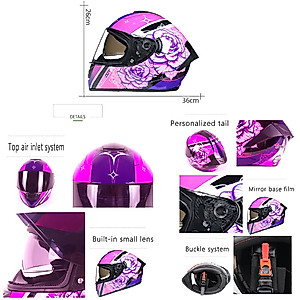 TRIPERSON Full Face Motorcycle Helmet DOT Approved Motorbike Moped Street Bike Racing Crash Helmet, Men and Women (Rose Color Mirror, Small)