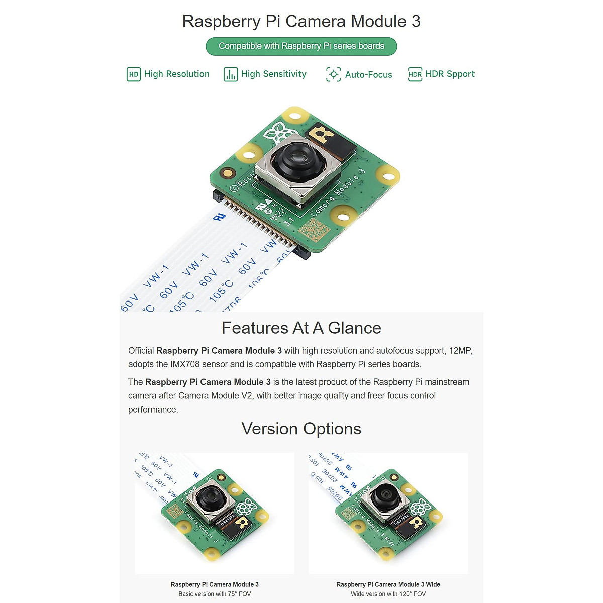 Waveshare Camera Module 3 Package Compatible with Raspberry Pi Camera Module 3(Included), Bundle with 15cm FPC Camera Cable,12MP High Resolution, Auto-Focus, IMX708 Sensor, Basic Version (75°FOV