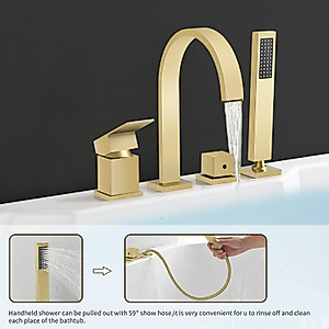 WATHELS Modern 4-Hole Waterfall Brushed Gold Bathtub Faucet Bathroom Roman Tub Filler Solid Brass Tub Faucet with Handheld Shower