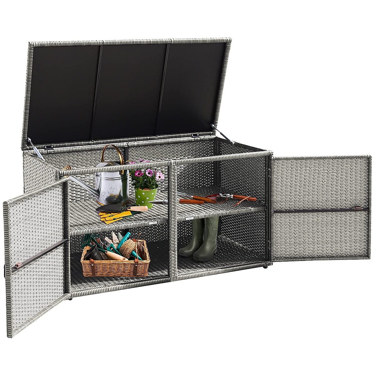 HAPPYGRILL Deck Box Outdoor Patio Pool Storage Box Outside Rattan Wicker Toy Storage Bin Cabinet with Steel Frame Shelf for Garden Balcony Porch Yard Furniture Tools