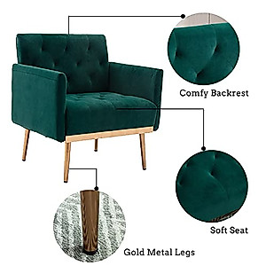 Olela Velvet Accent Chair with Arms for Living Room, Modern Tufted Single Sofa Armchair with Gold Metal Legs Upholstered Reading Club Chair for Bedroom Office Decorative (Green - Velvet)