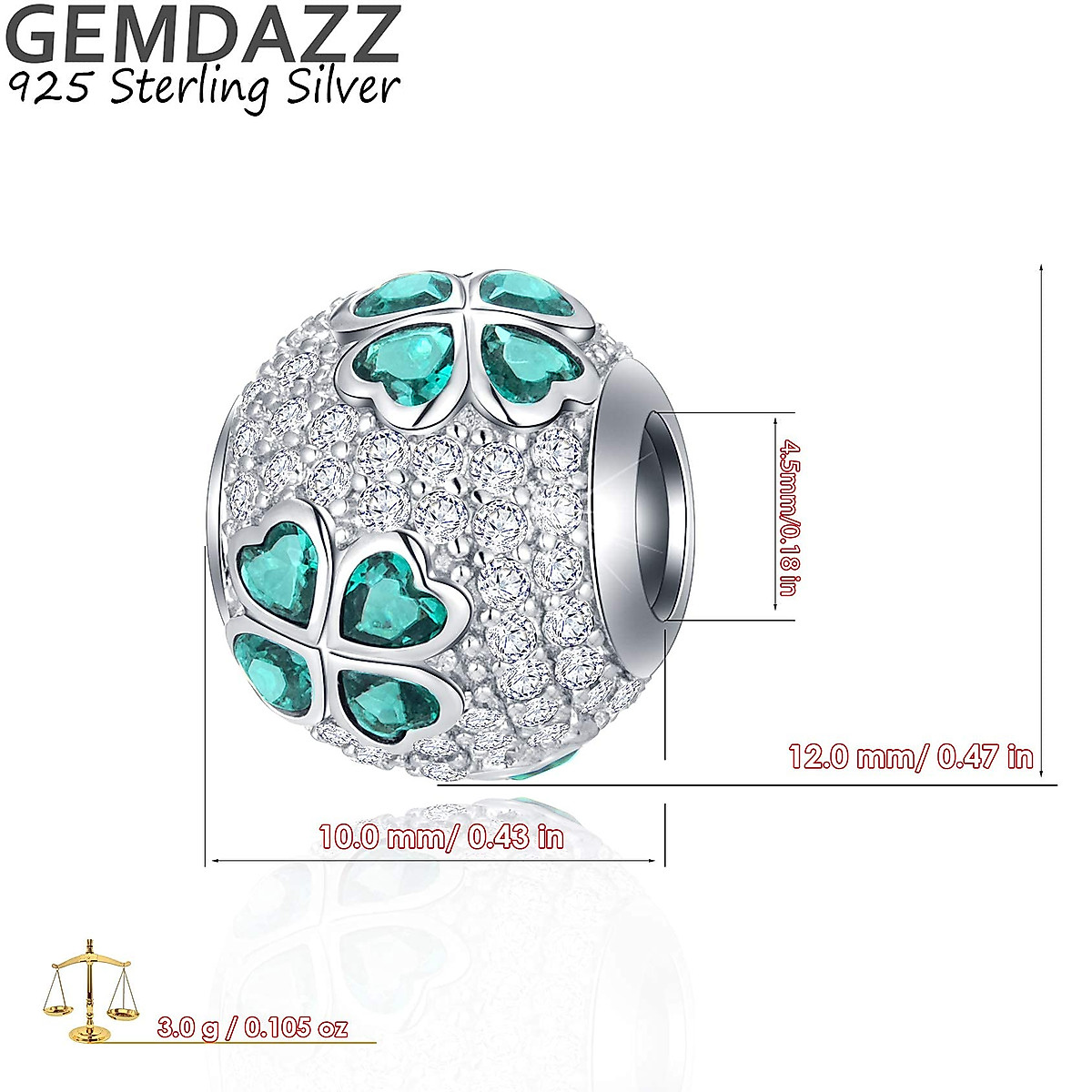 Sparklig Pave Green 4 Leaf Clover Charms in 925 Sterling Silver, Irish Shamrock CZ Round Ball Beads fit Pandora St Patricks Bracelet, Gift for Mothers Day/Valentines