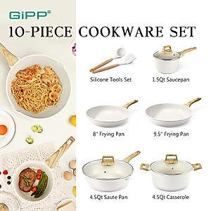 GiPP Pots and Pans Set Non Stick - 10 Pcs White Granite Kitchen Cookware Sets Nonstick Induction Cookware Cooking Pan Set with Frying Pans, Saucepans and Silicone Utensils, PFOS & PFOA Free