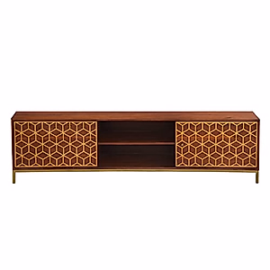 The Urban Port Kalyn 75-Inch Handcrafted TV Media Console Entertainment Center, 2 Doors, Center Shelf, Geometric Design Print, Brown Acacia Wood, Brass