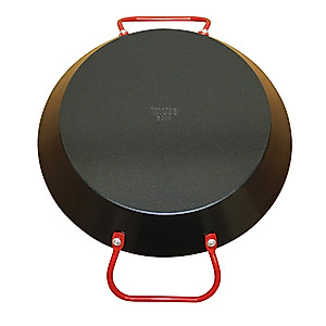 IMUSA USA 10" Carbon Steel Coated Nonstick Paella Pan, Black, Red Handles