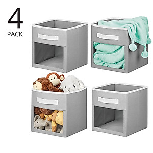 mDesign Fabric Nursery/Playroom Closet Storage Organizer Bin Box with Front Handle/Window for Cube Furniture Shelving Units, Hold Toys, Clothes, Diapers, Bibs, Jane Collection, 4 Pack - Gray/White
