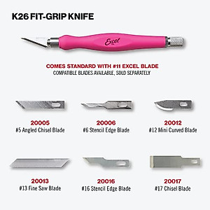 Excel Blades Fit Grip Knife, Ultra Sharp Knife with Carbon Steel Angled Edge Blade & Contoured Rubberized Grip, Made in the USA, Light Duty Cutting Tool for Precision Cutting & Trimming, Pink, 3 Pack