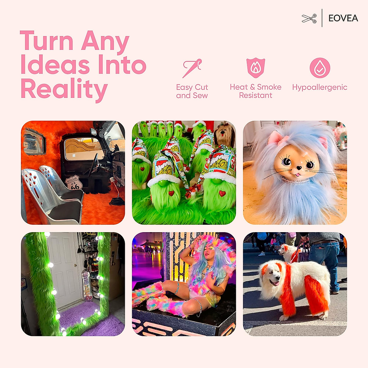 EOVEA Shaggy Faux Fur Fabric by The Yard - 36" X 60" Inch - Long Pile Fur - Fake Fur Materials - Soft & Fluffy Craft Fabric Supplies for DIY Arts & Crafts, Apparel, Costume, Rug(Baby Pink, One Yard)