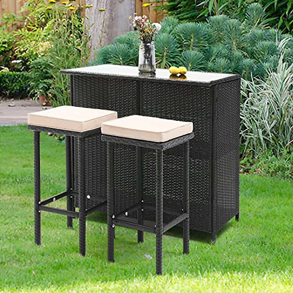 SoarFlash 3-Piece Outdoor Wicker Bar Set, Patio Rattan Bar Height Table Set with Stools, Cushion, Bistro Set for Poolside, Garden and Backyard, Beige