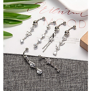 YOVORO 6PCS 14G 316L Stainless Steel Belly Button Rings for Women Navel Rings Barbell Dangle Flower CZ Body Piercing (C: 6 Pcs Silver-tone)