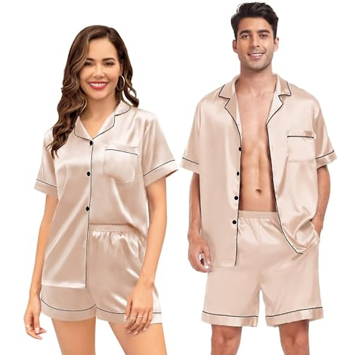 SWOMOG Couple Matching Pajamas Sets Women & Men Button Down Silk Pjs Short Sleeve Soft Lounge Sets 2 Pcs Loungewear Champagne