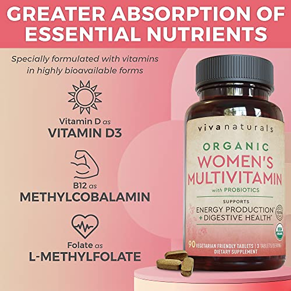 Organic Multivitamins for Women with Probiotics (90 Tablets) – Women Multivitamins for Daily Energy, Digestive Health and Immune Support Supplement with Vitamin B12, C, D and E, Iron, Folate.