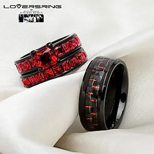 LOVERSRING Two Rings His and Hers Couple Ring Bridal Set His Hers 3pc Women Black Gold Filled Red Cz Man Stainless Steel Wedding Ring Band Set