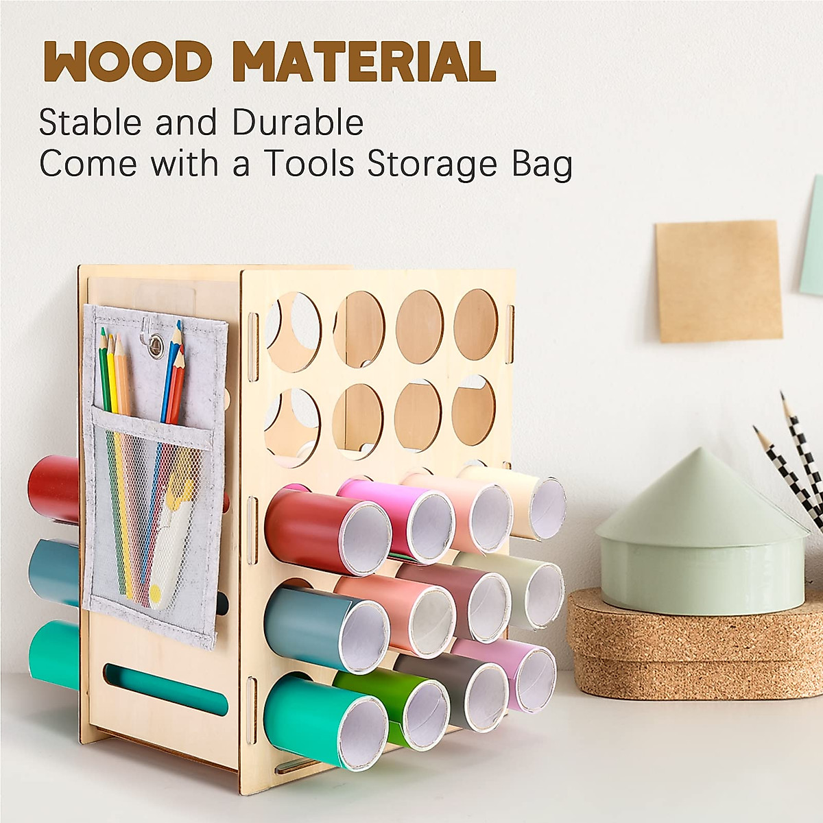 Yumkfoi 2 Pack Wooden Vinyl Roll Holder, 40 Holes Stackable Vinyl Roll Storage Rack with Weeding Tools Storage Bag, Sturdy Wood Vinyl Storage Organizer for Craft Paper Roll Holder Craft Room