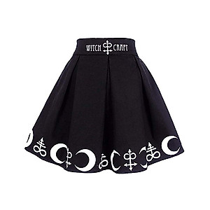 Black Skirt for Women Gothic Style Witchcraft Moon Print Pleated Punk Mini Skirts (S, Black)